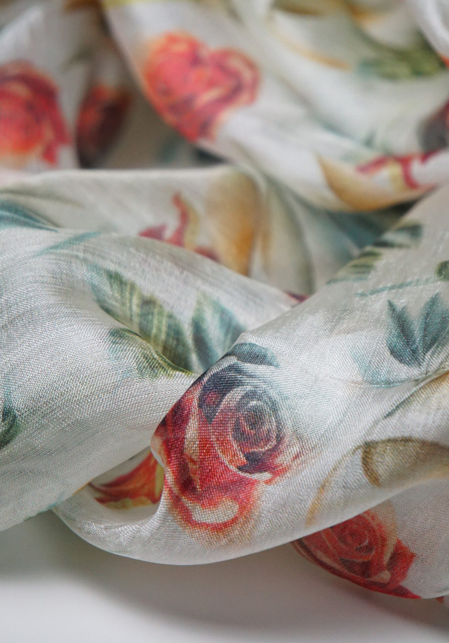 Silk Scarf Roses On White - Sigma Silk